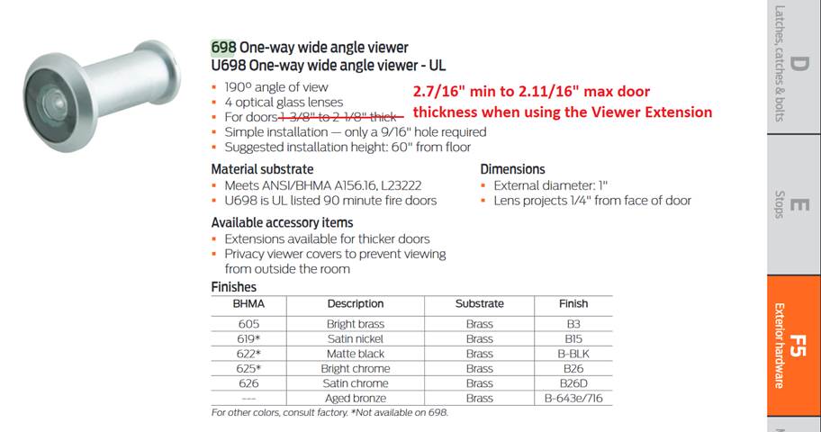 IVES 890313626 Viewer Extension for 698 Viewers - Satin Chrome Brass