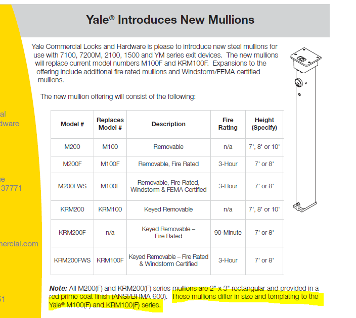 Yale M200 Steel Removable Mullion